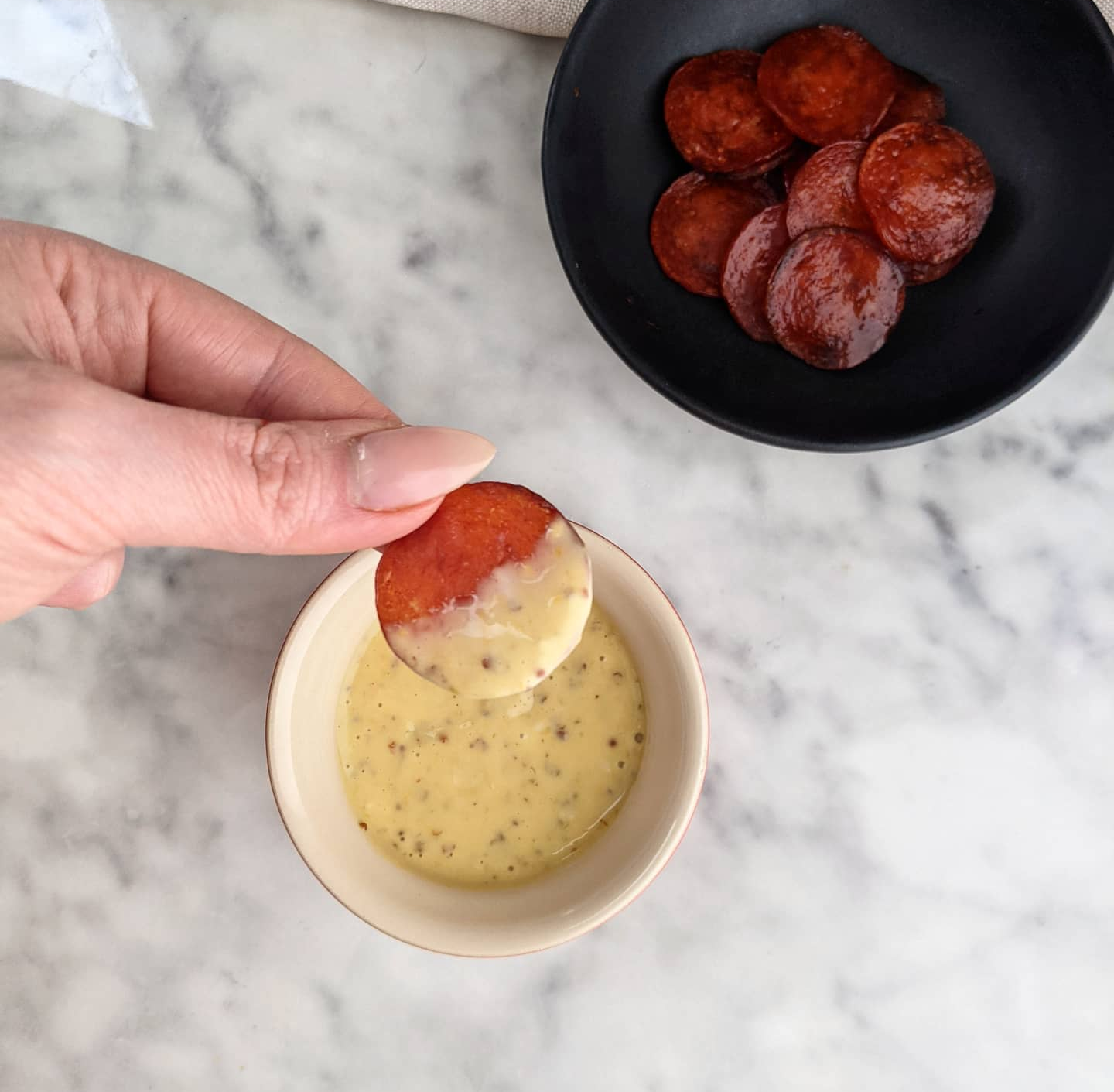 Baked Keto Pepperoni Chips (with Keto Honey Mustard)